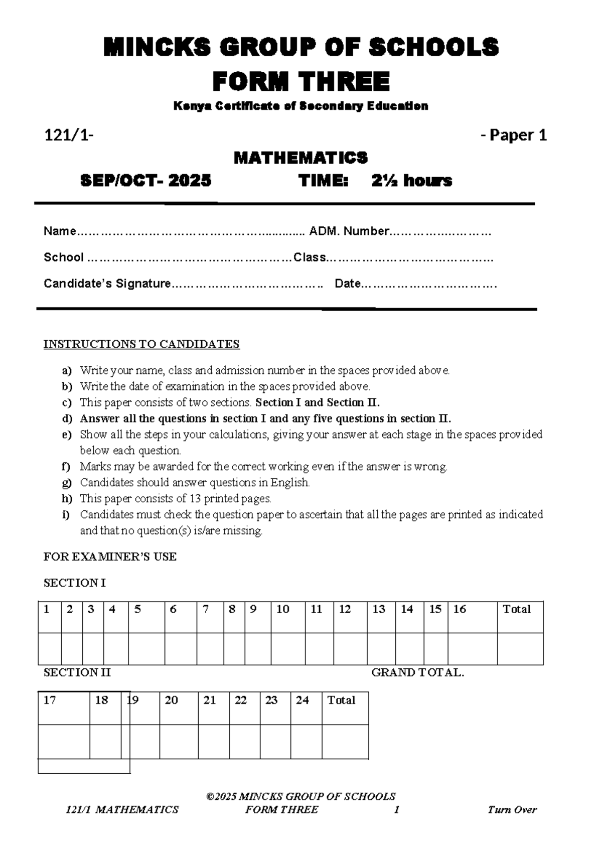 MATHEMATICS FORM THREE KCSE Paper 1 2025 Exam Instructions and ...