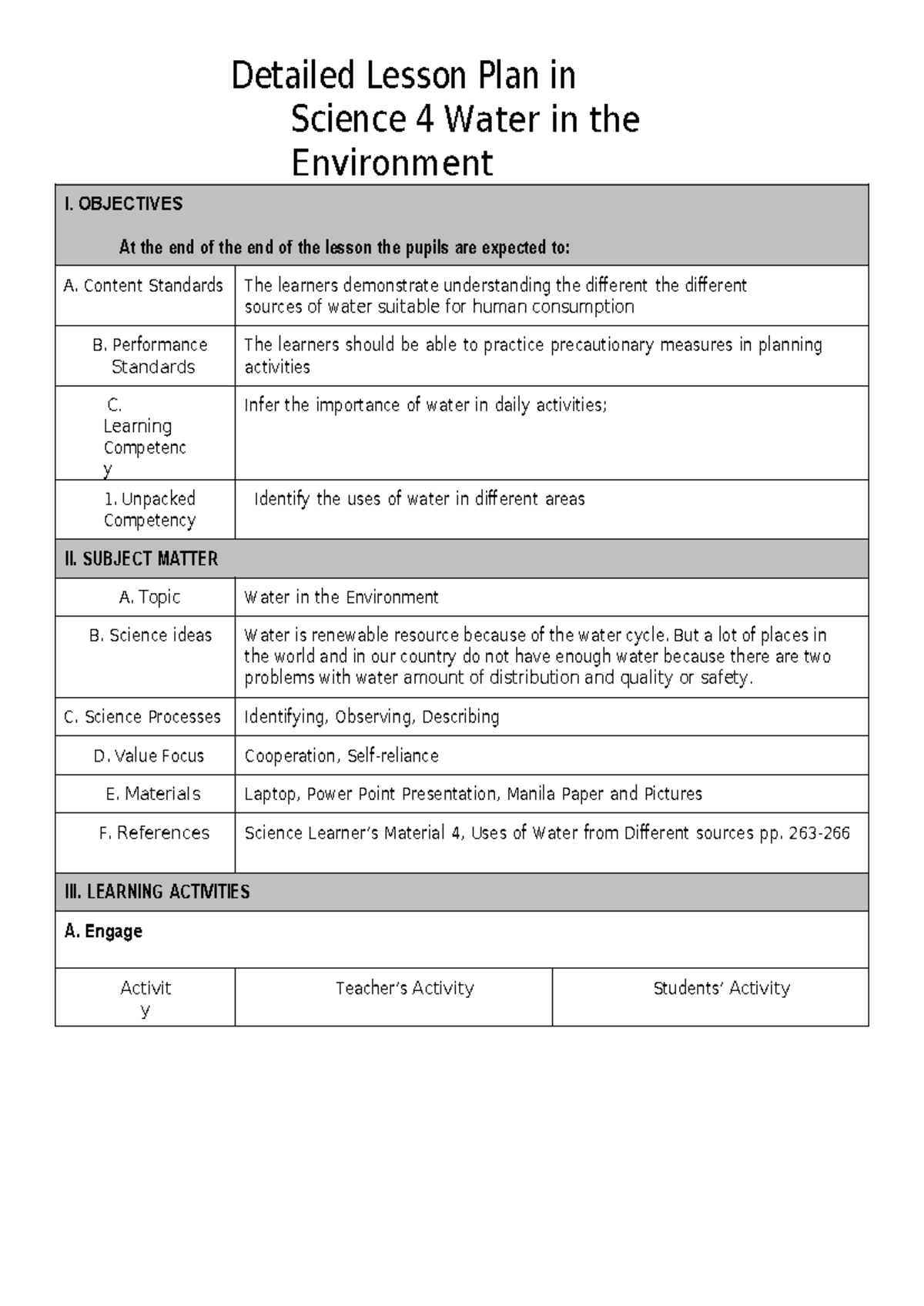 Detailed Lesson Plan for Science 4: Water in the Environment - Studocu