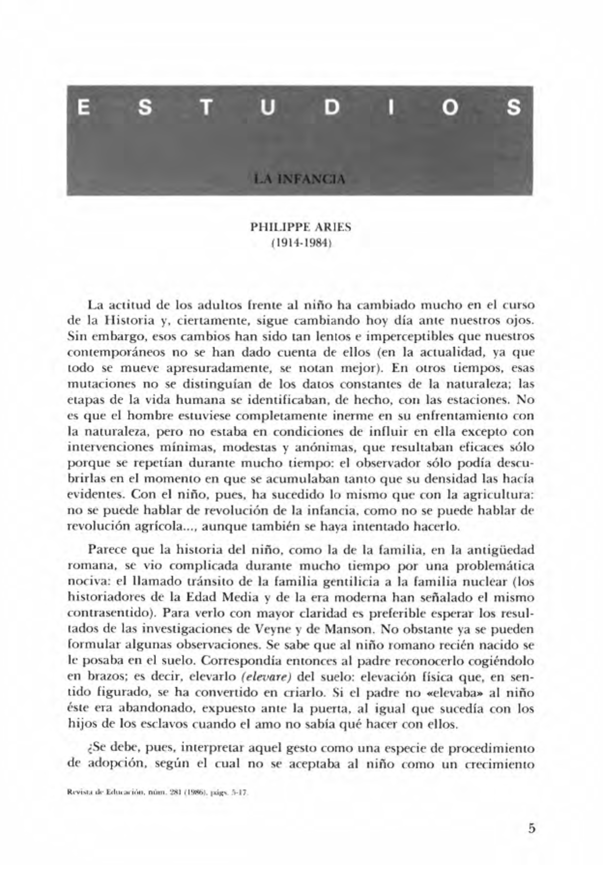 La Evolución Histórica de la Infancia según Philippe Ariès - Studocu