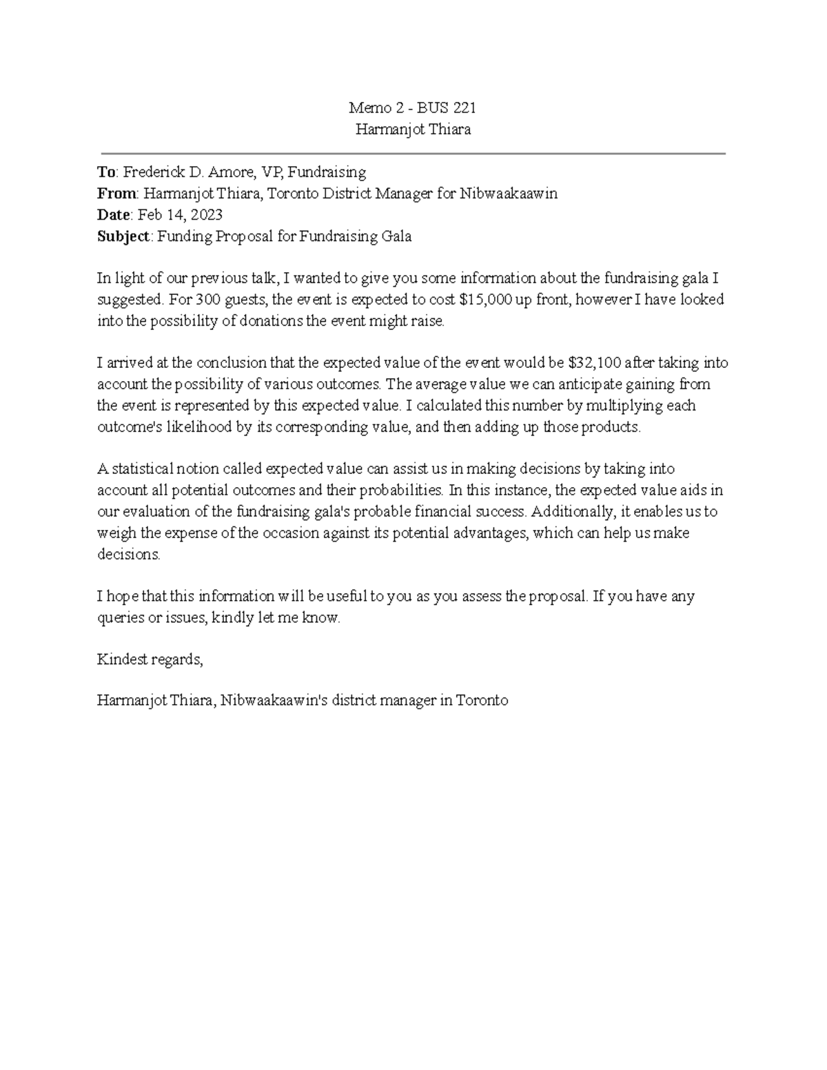 BUS 221 Memo 2 - Funding Proposal for Fundraising Gala - Studocu