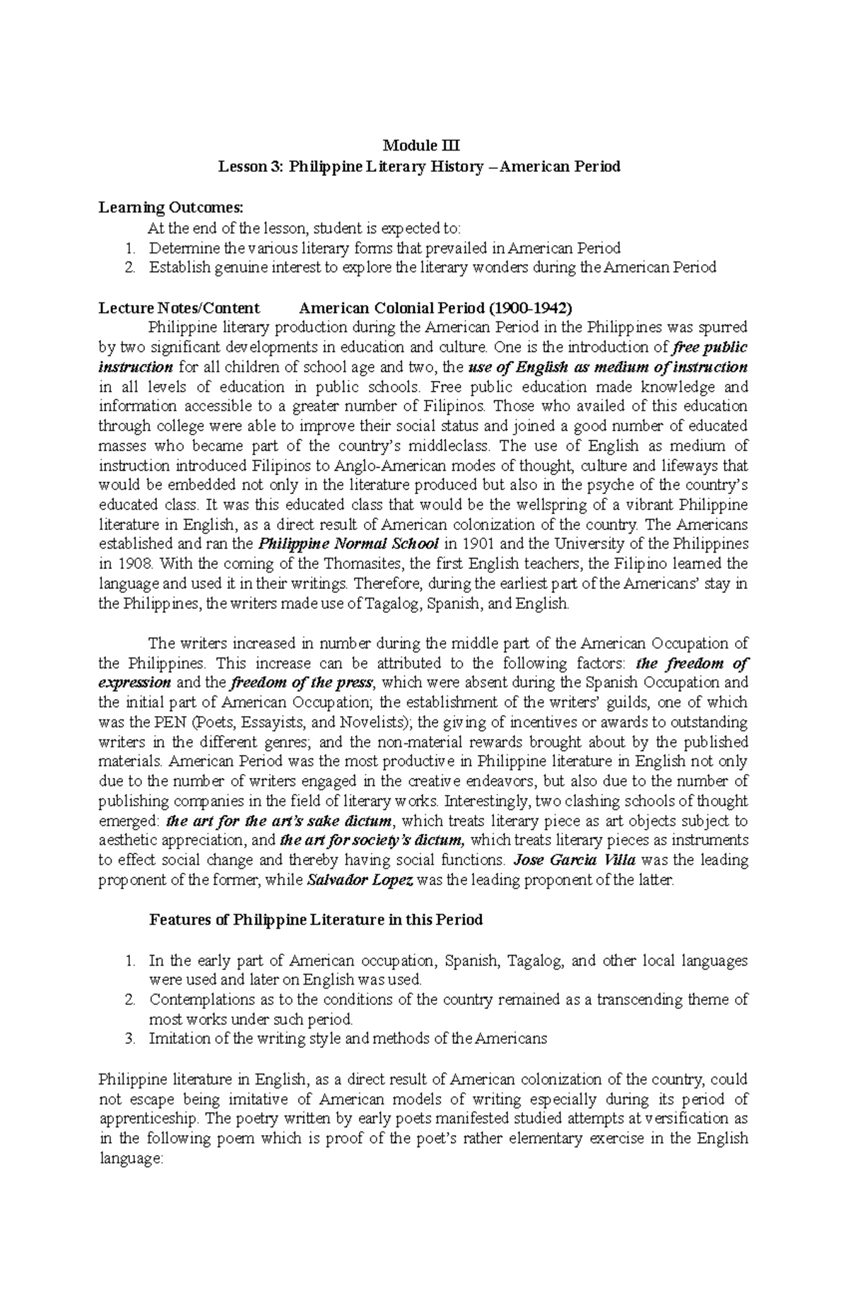 Module 3: Philippine Literary History - The American Period Overview ...