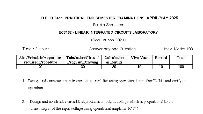 EC3462 Fourth Sem Linear Integrated Circuits Lab Notes - Studocu