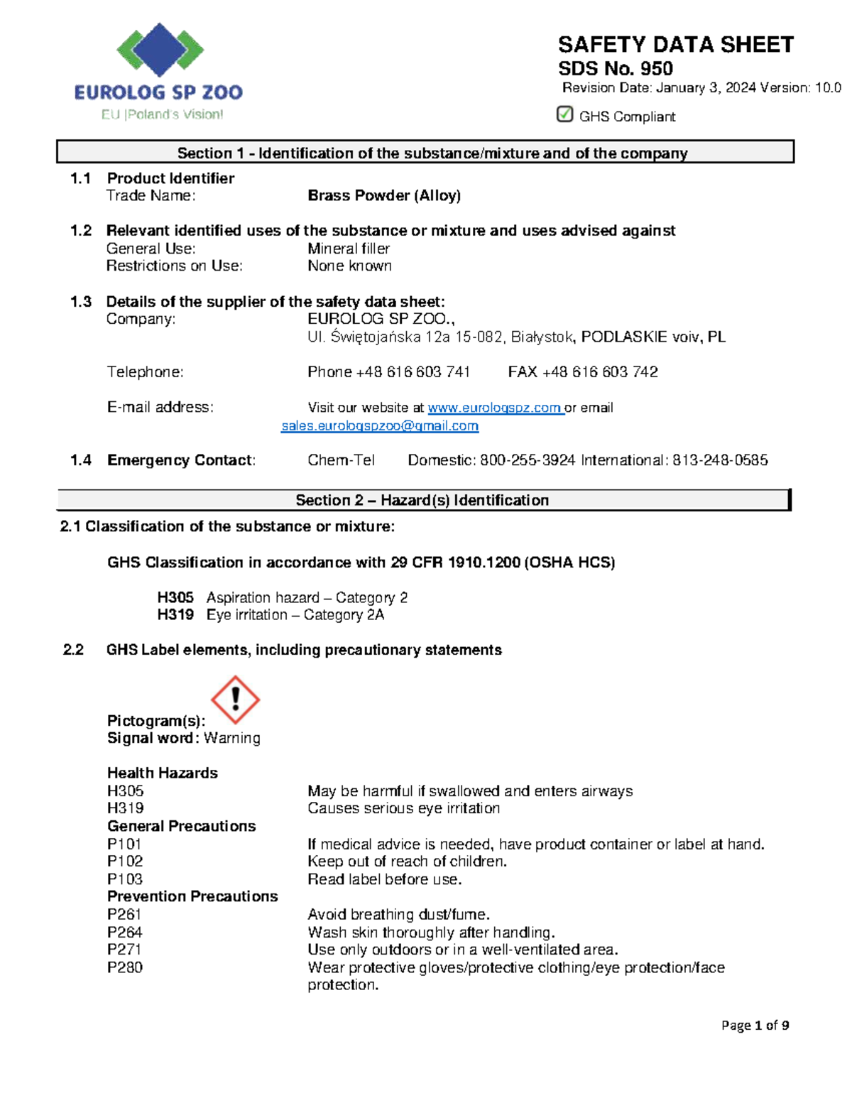 Brass Powder Safety Data Sheet (SDS No. 950) - Rev. 10.0 - Studocu
