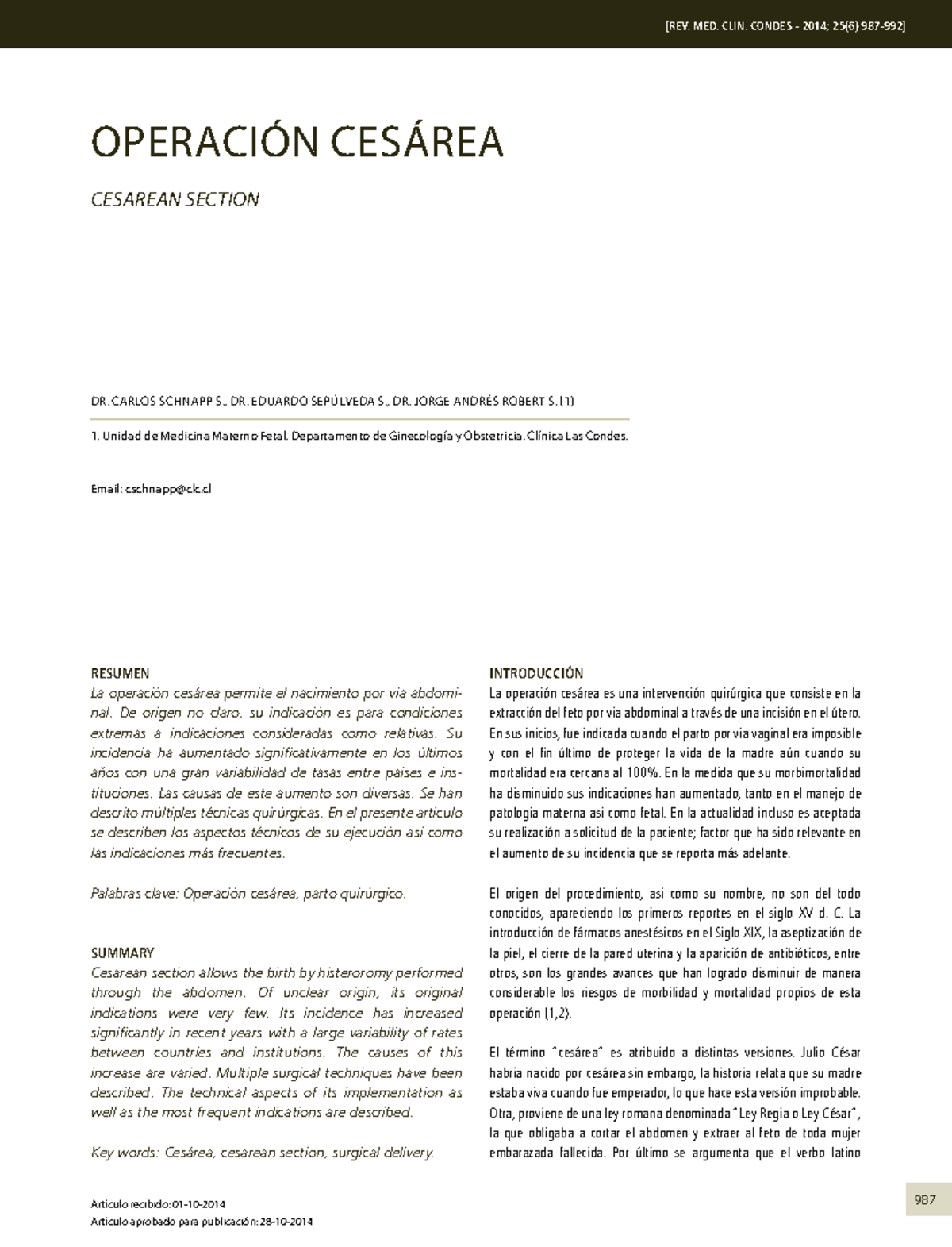 Resumen de la Operación Cesárea en MED. CLIN. CONDES 25(6) - Studocu