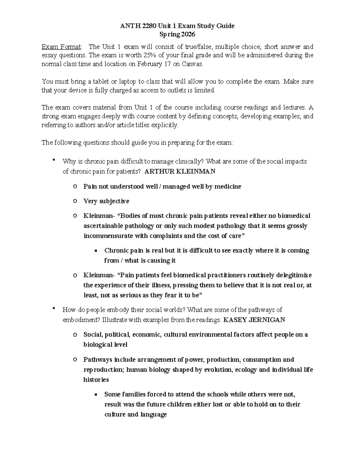 ANTH 2280 Unit 1 Exam Study Guide - Spring 2026 - Studocu