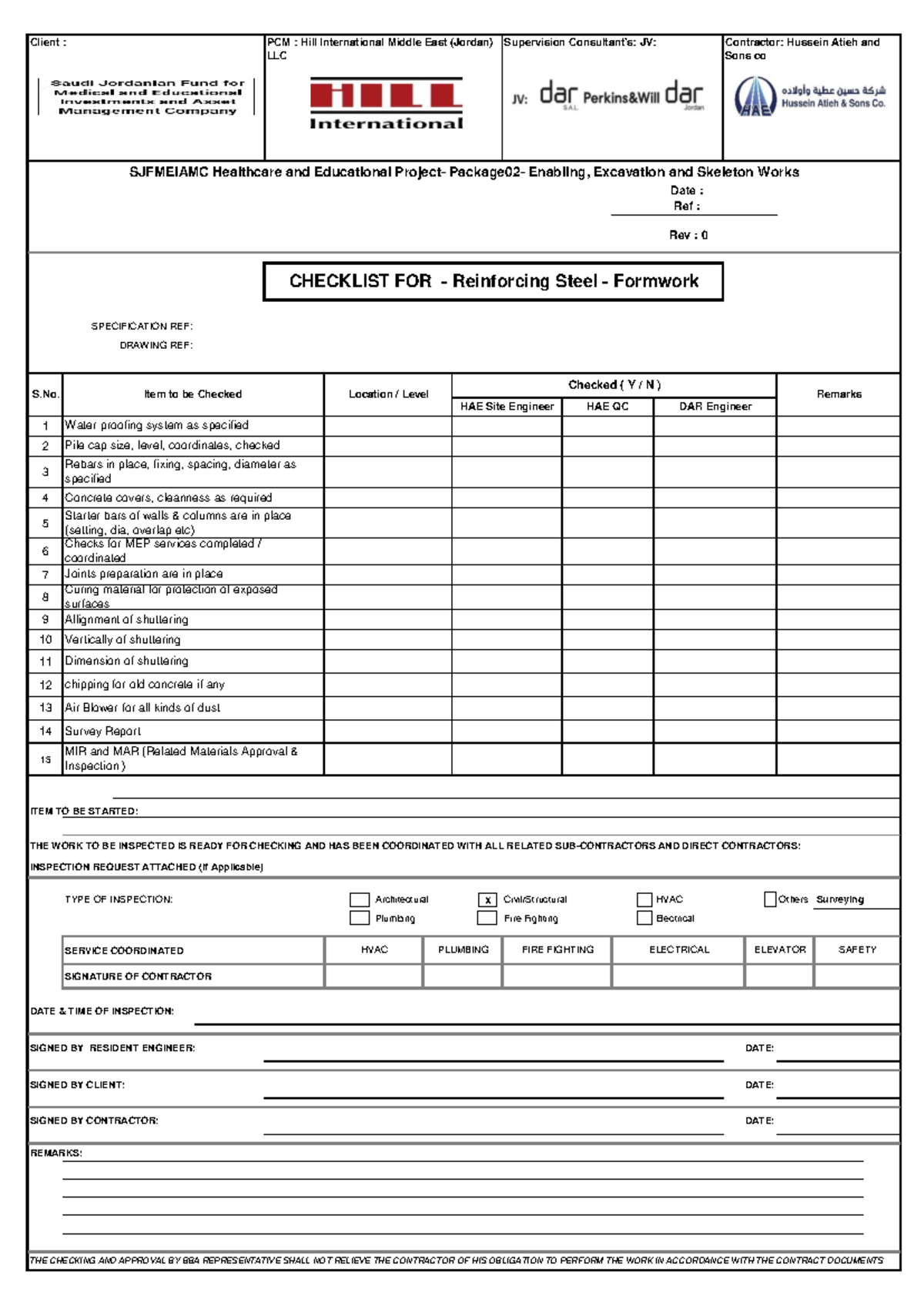 Reinforcing Steel Formwork Checklist for SJFMEIAMC Project - Studocu