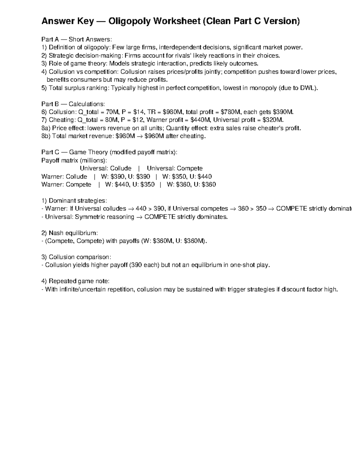 Oligopoly Worksheet Answer Key (Econ 101) - Game Theory Insights - Studocu