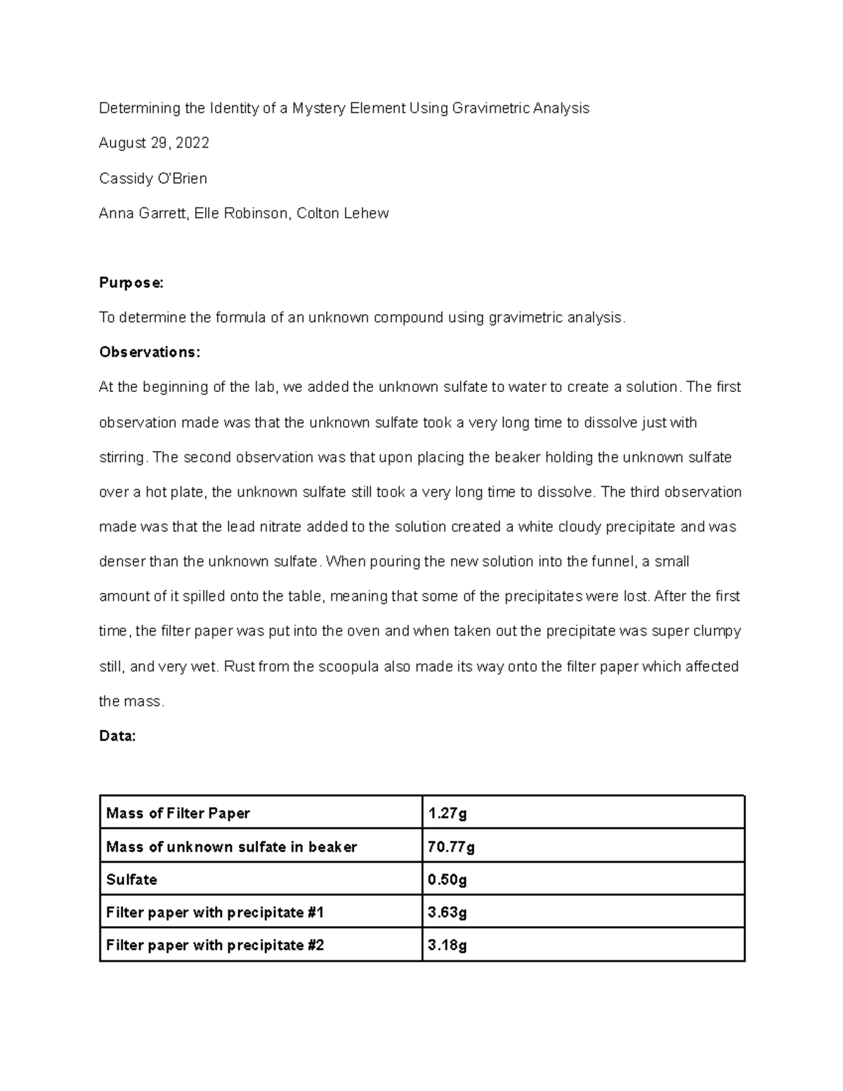 Chem Lab Report 1: Identifying a Mystery Element via Gravimetric ...