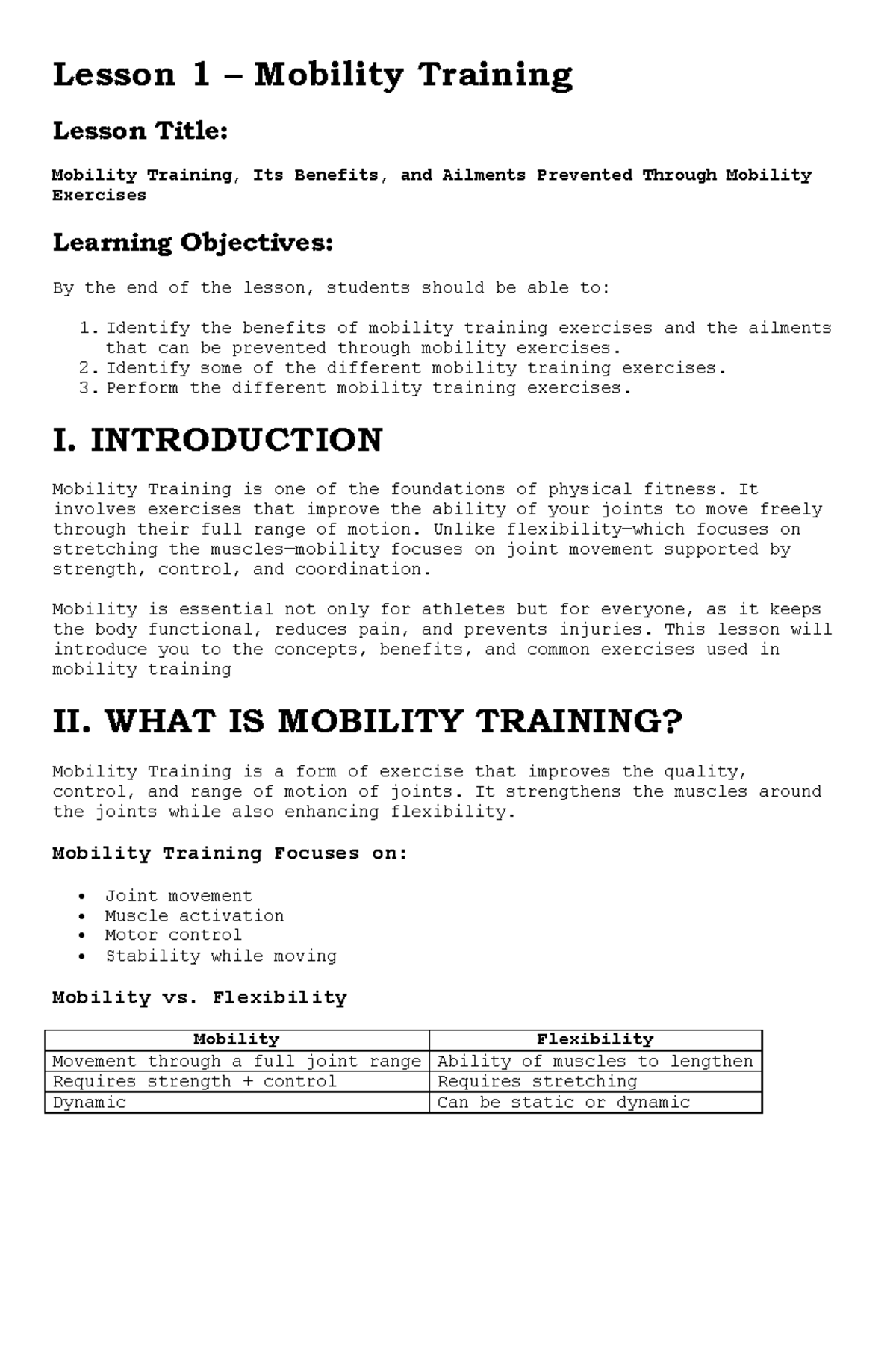 Lesson 1: Mobility Training Benefits & Ailments Prevention - Studocu