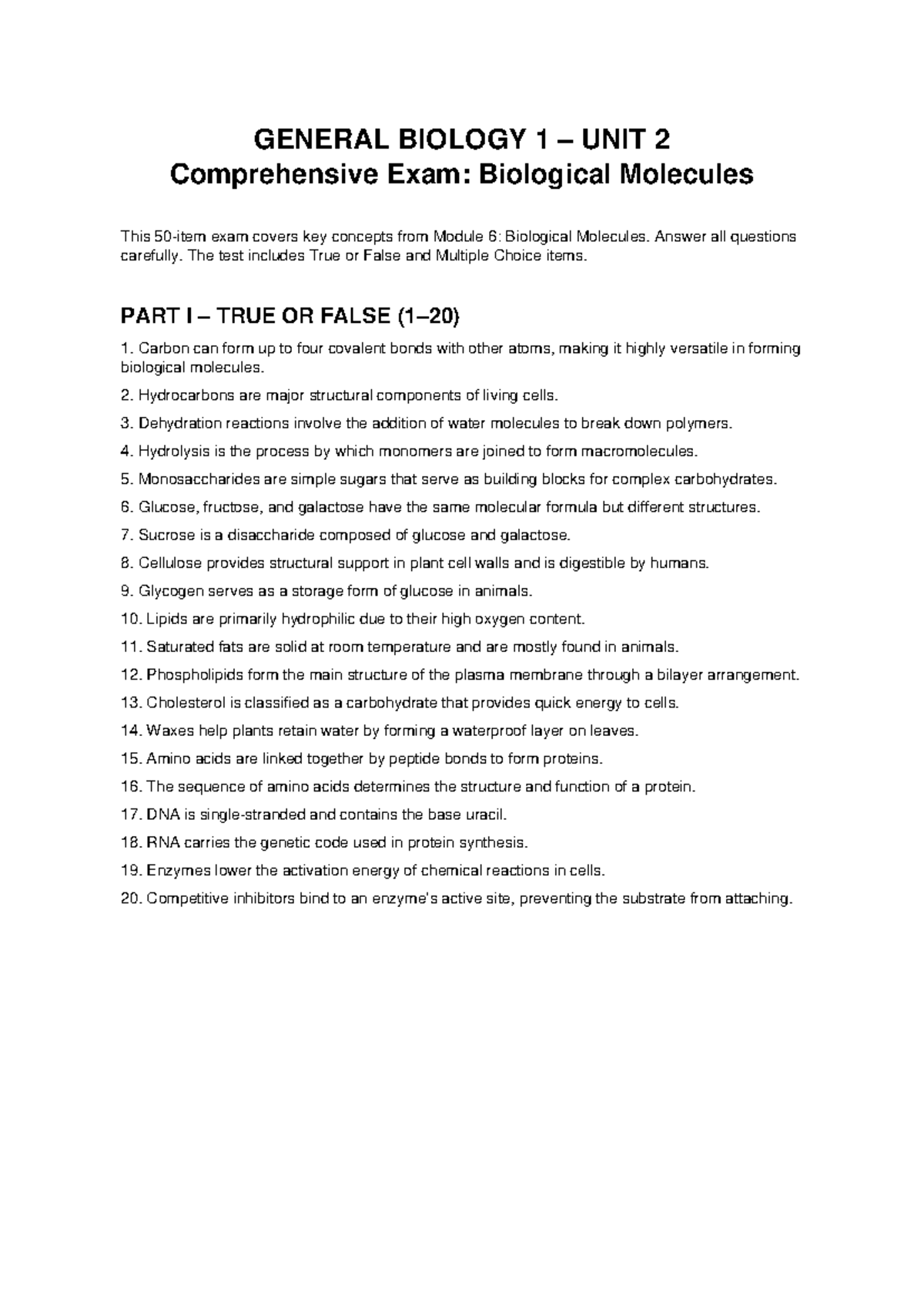 BIO 101 Unit 2 Comprehensive Exam: Biological Molecules Quiz - Studocu