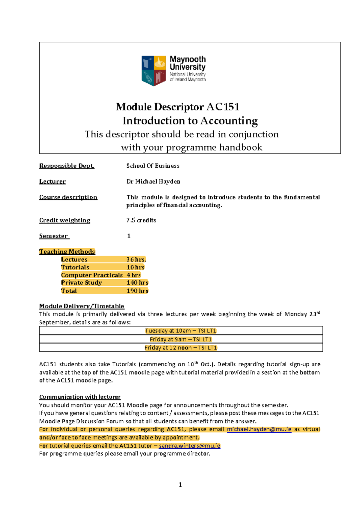 AC151 Introduction to Accounting Module Descriptor 2024-2025 - Studocu
