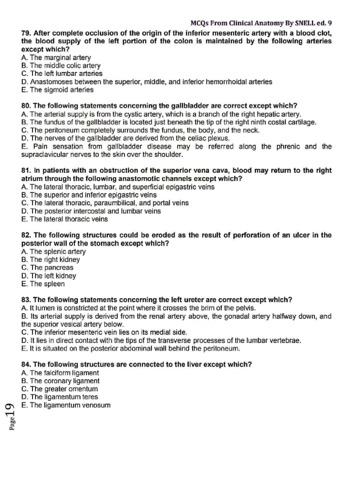 Quiz (1) 95: MCQs on Clinical Anatomy - Snell Ed. 9 - Studocu