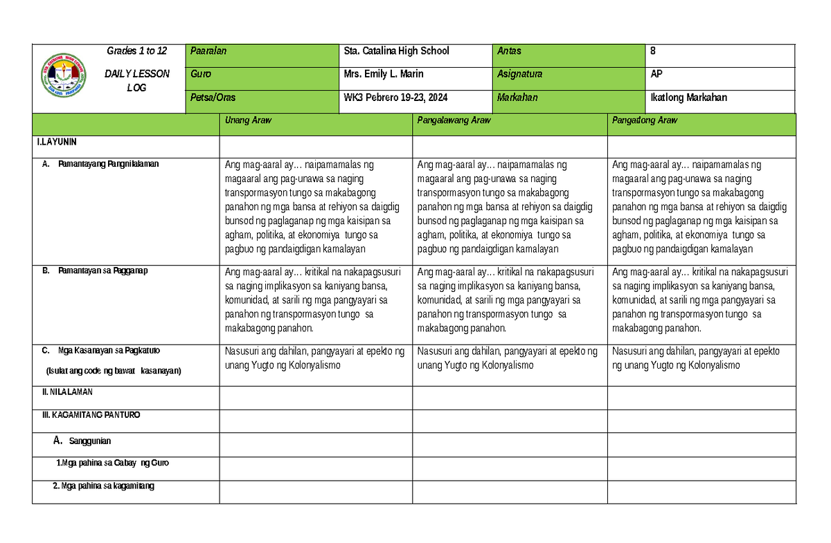 AP8 Q3 WK3 Daily Lesson Log: Kolonyalismo at mga Epekto nito - Studocu