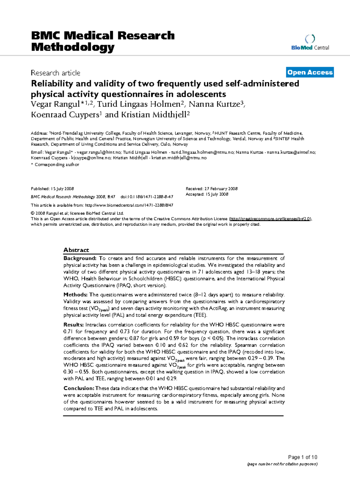 Reliability and Validity of PA Questionnaires in Adolescents (BMC 2008 ...