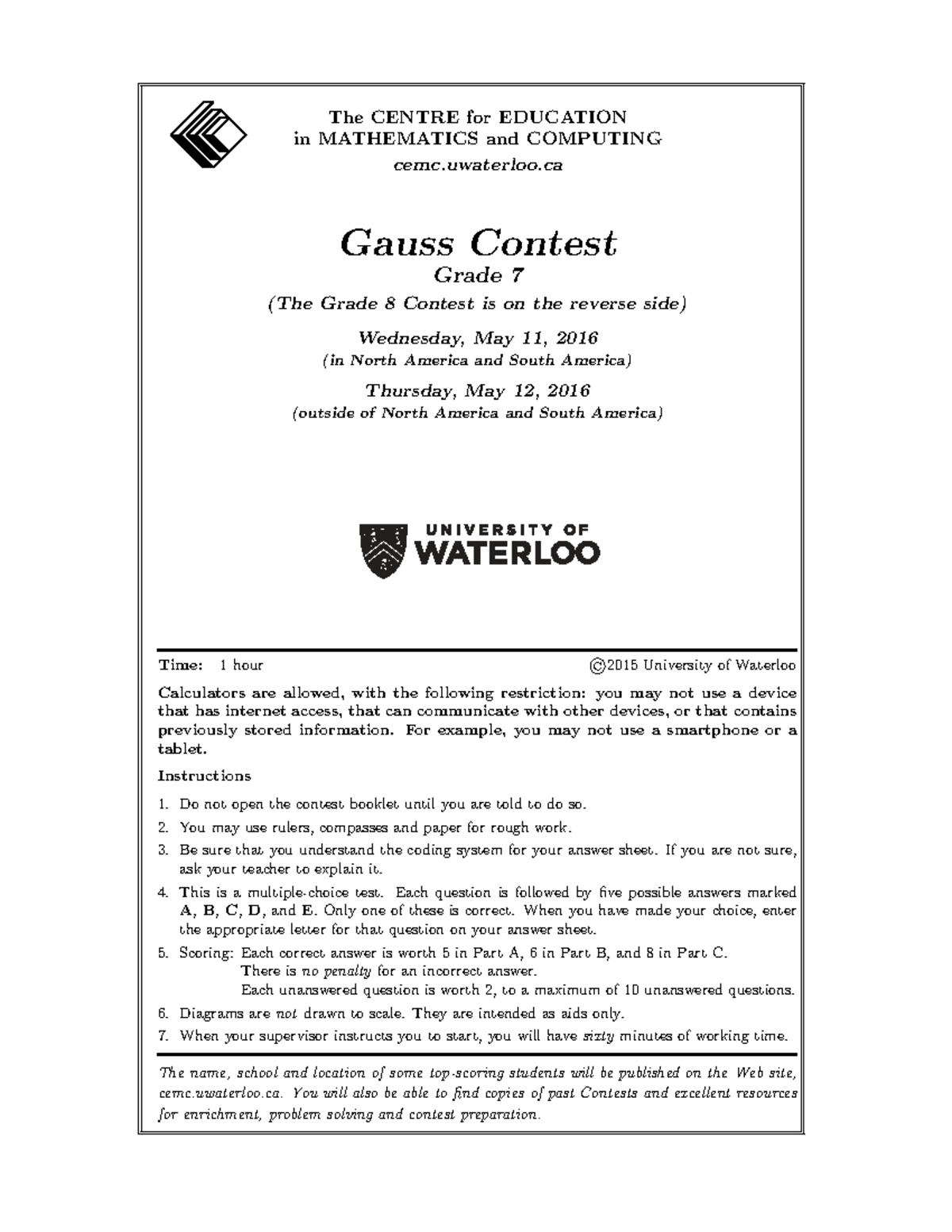 2016 Gauss Contest Grade 7 - Official Exam Instructions and Questions ...