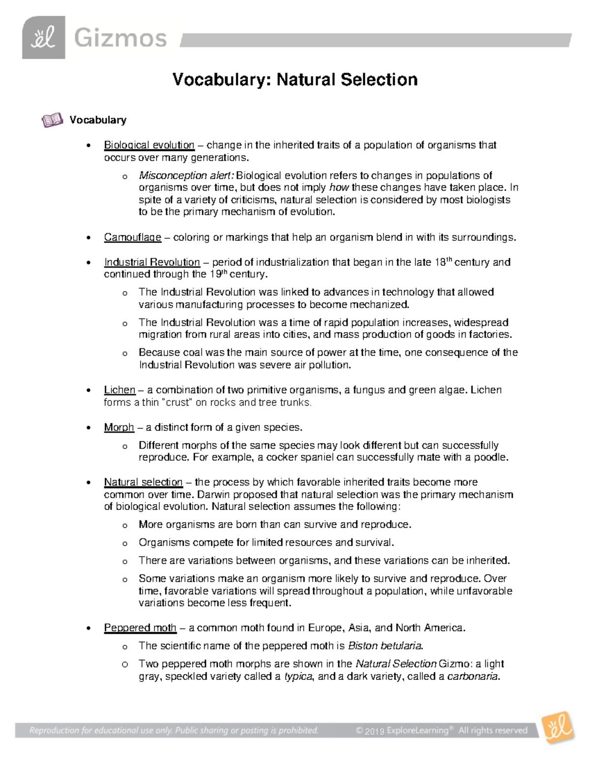 Natural Selection Vocabulary Notes for Biology 101 Class - Studocu