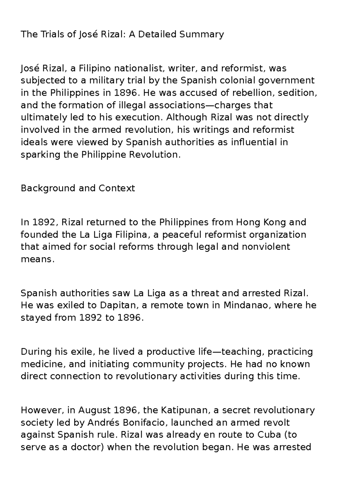 Summary of Trials of José Rizal: Key Points & Context - Studocu