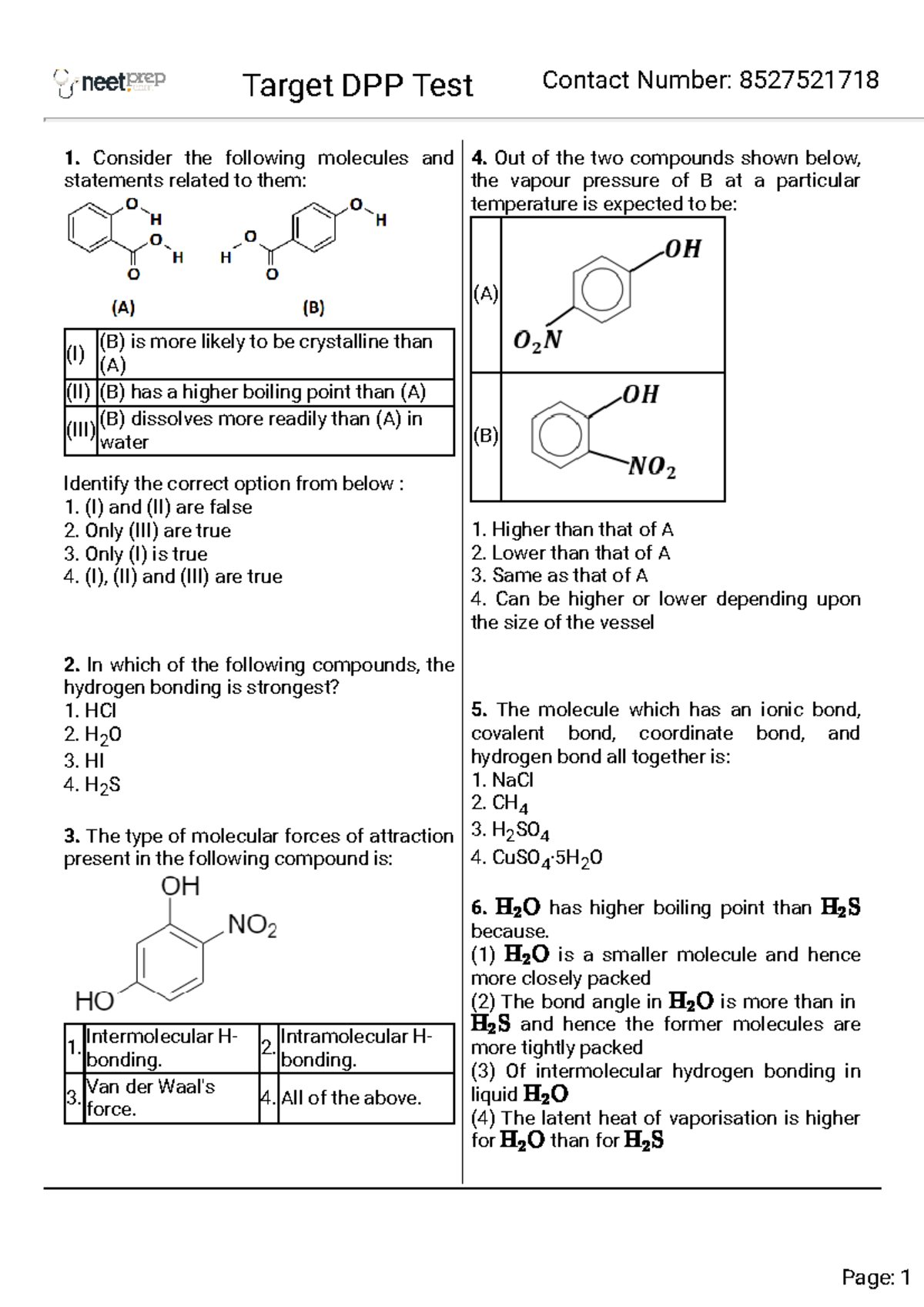 Target DPP Test: Hydrogen Bonding and Molecular Forces Analysis - Studocu