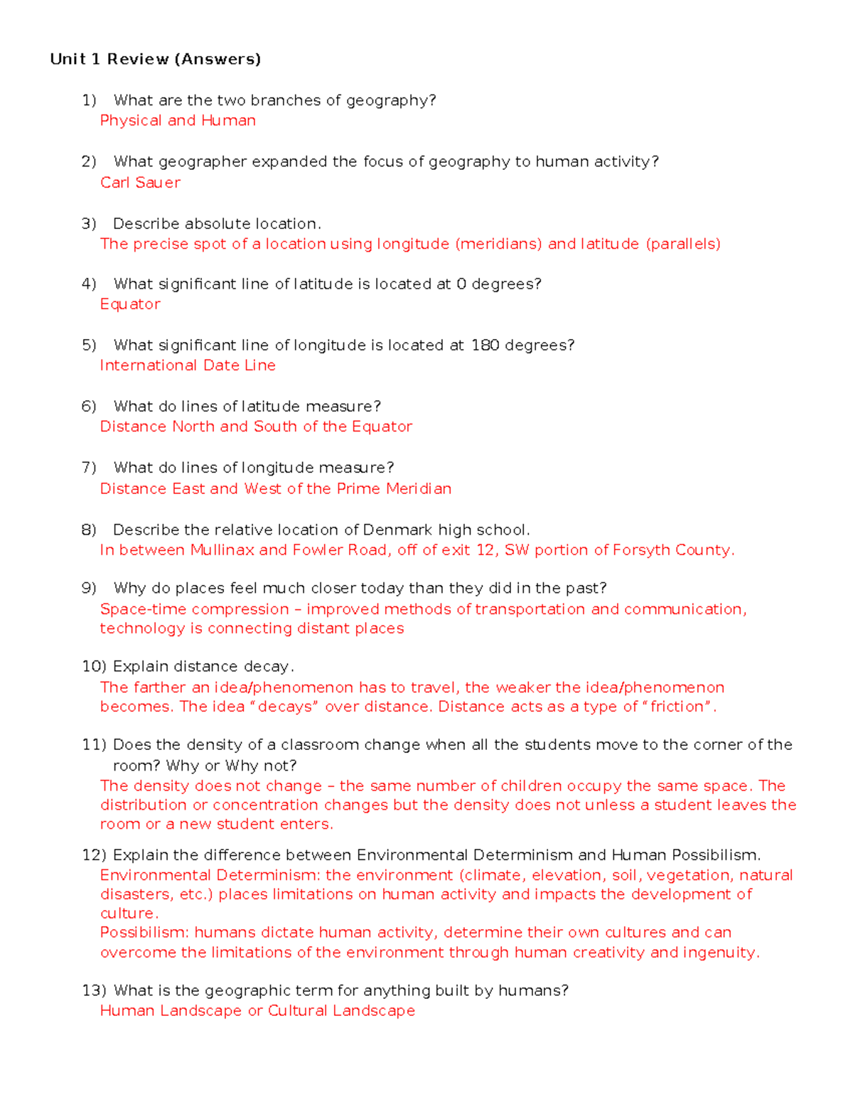 Geography Unit 1 Review: Key Concepts & Definitions (Answers) - Studocu