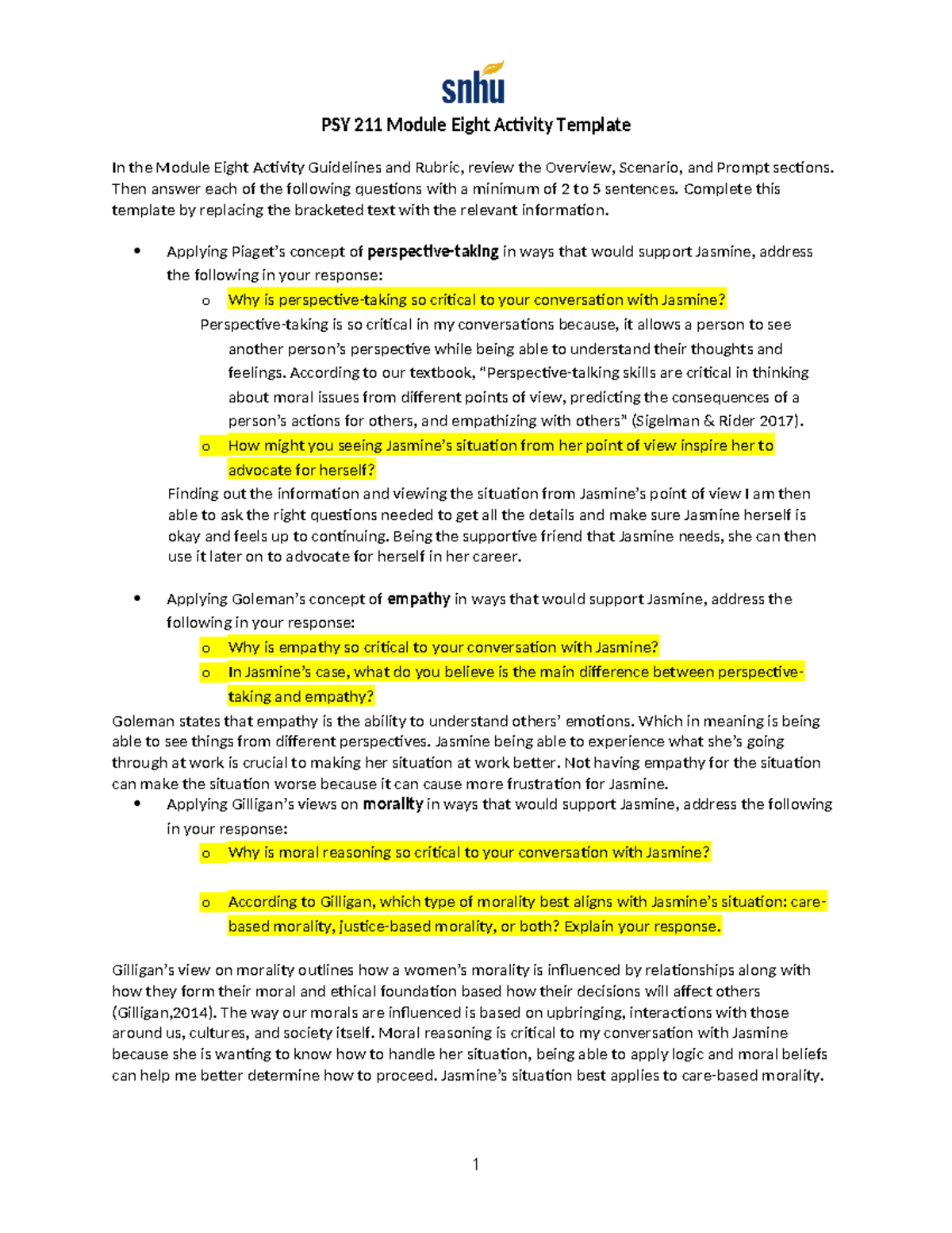 PSY 211 Module 8 Activity: Perspective-Taking & Empathy in Support of ...