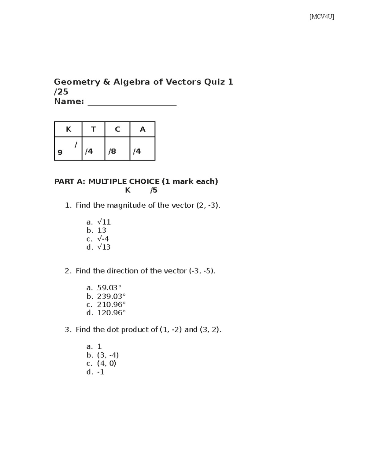 Unit 3 Quiz - The practice quiz - [MCV4U] Geometry & Algebra of Vectors ...