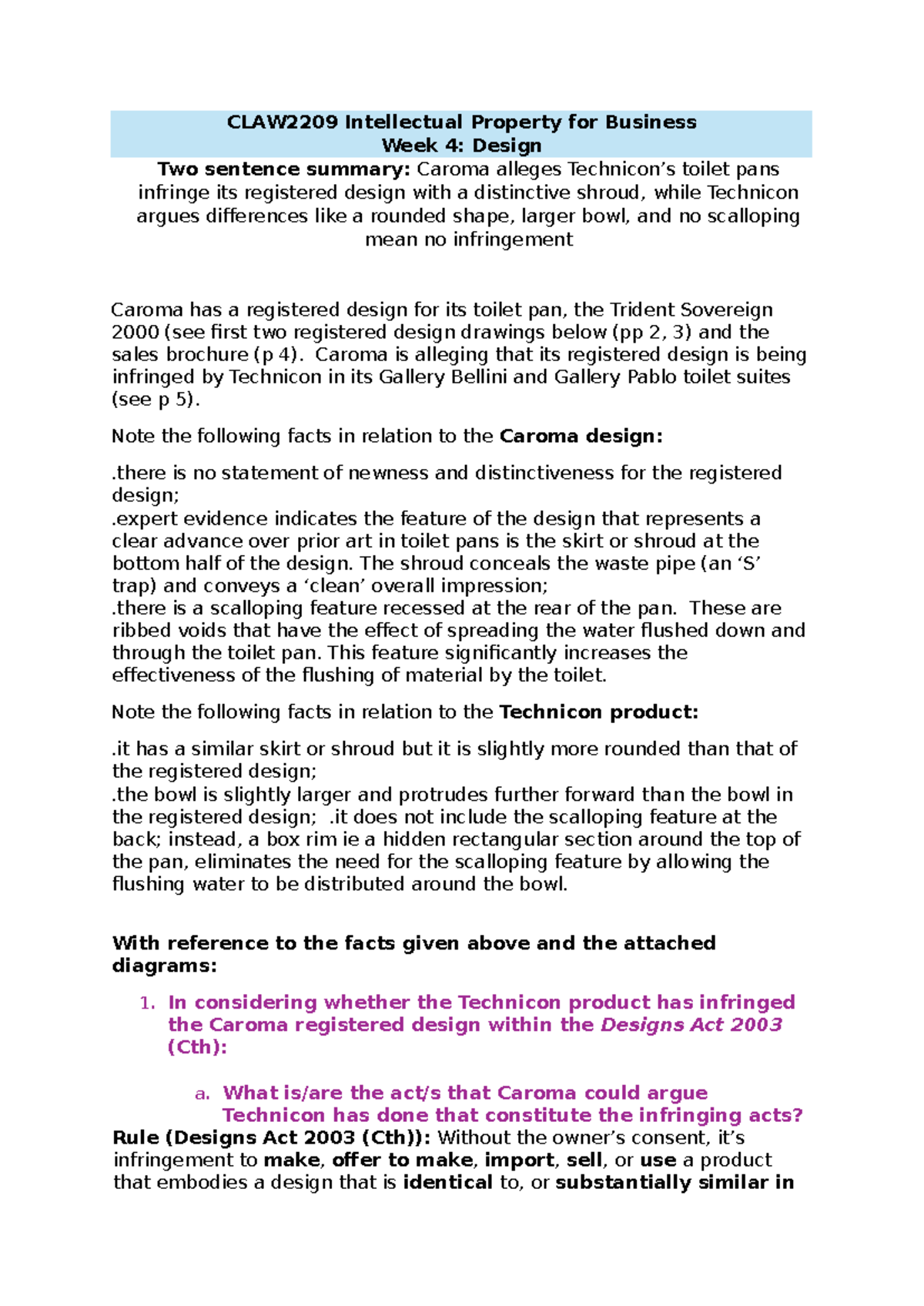 CLAW2209 Week 4: Caroma vs. Technicon Design Infringement Analysis ...