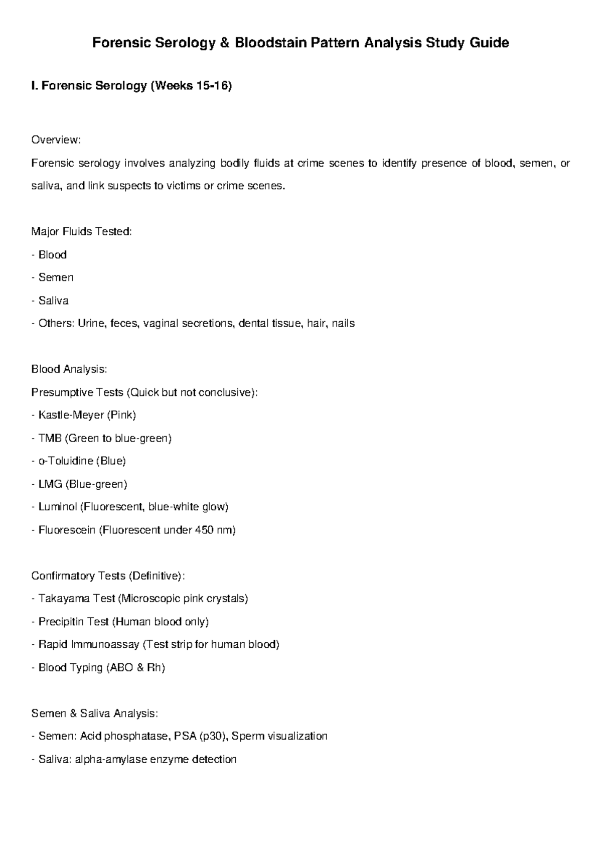 Forensic Serology BPA Study Guide: Bloodstain Pattern Analysis - Studocu