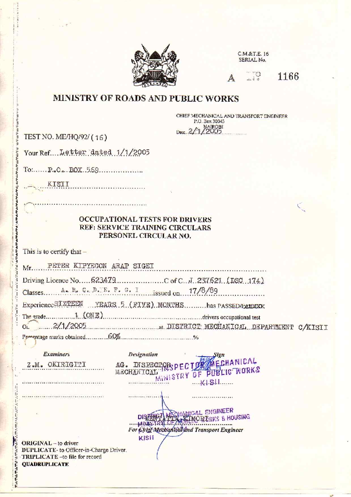 Occupational Test Certificate for Drivers - Kipyegon Peter Sigei - Studocu