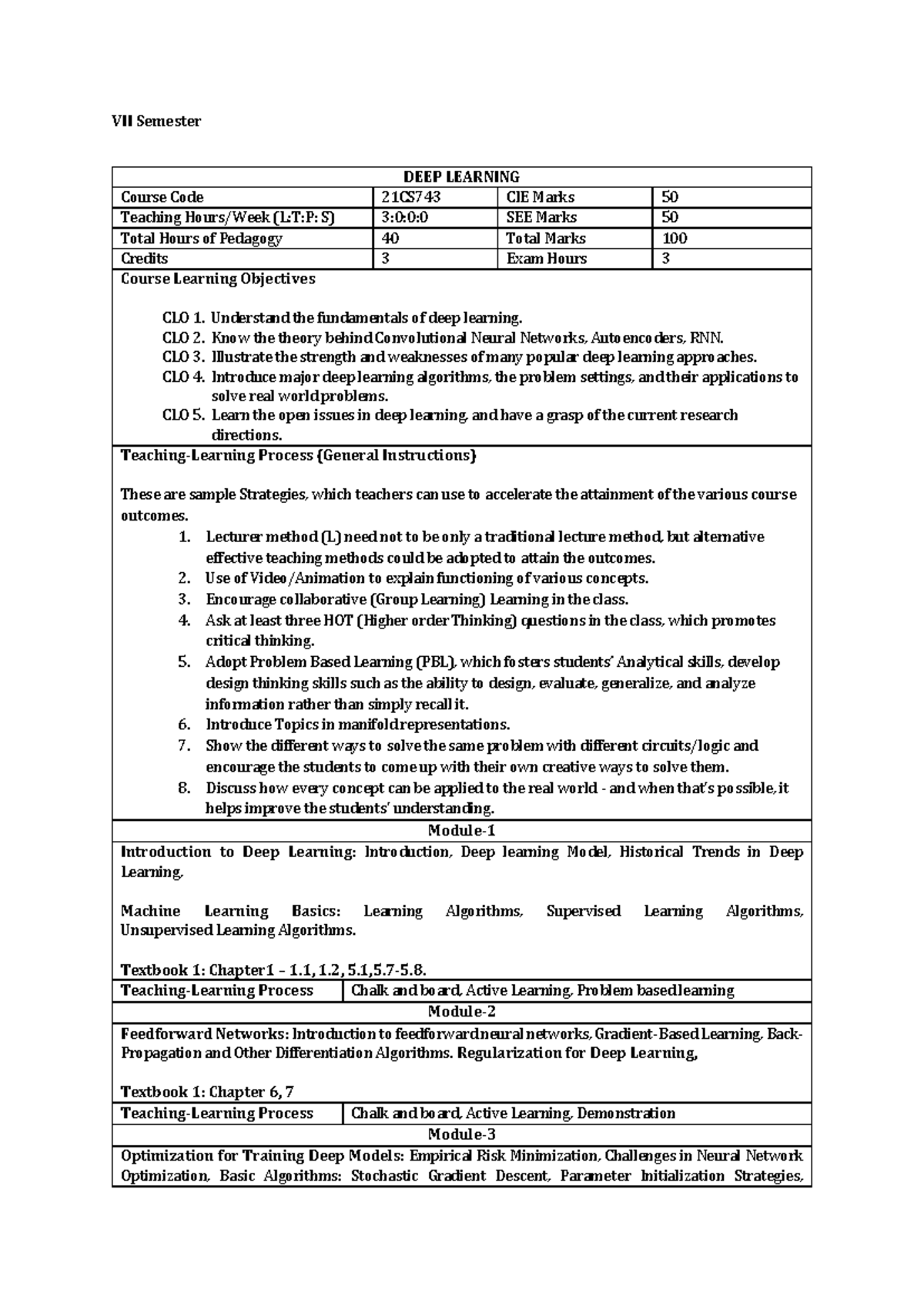 Deep Learning Course Syllabus - 21CS743 CIE/SEE Assessment Details ...