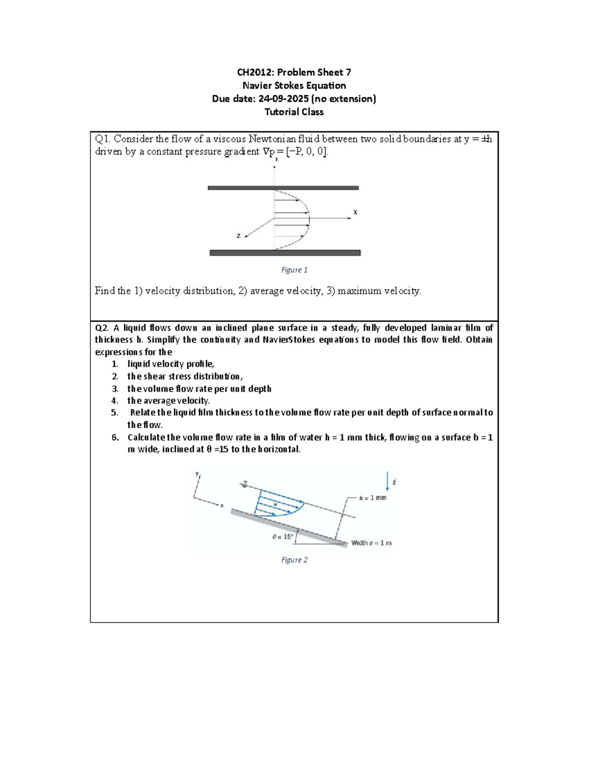 CH2012: Problem Sheet 7 - Navier Stokes Equations Tutorial - Studocu