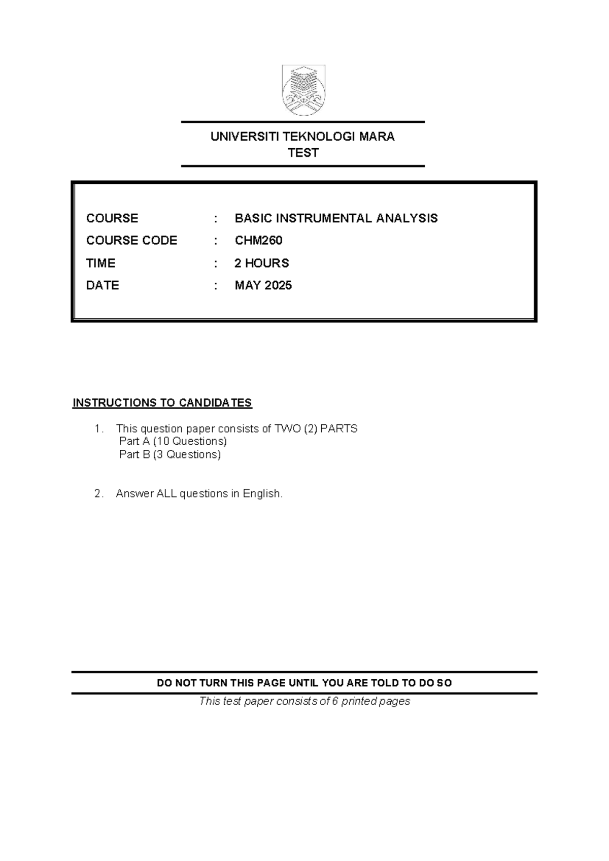 CHM260 Test 1: Basic Instrumental Analysis - May 2025 - Studocu