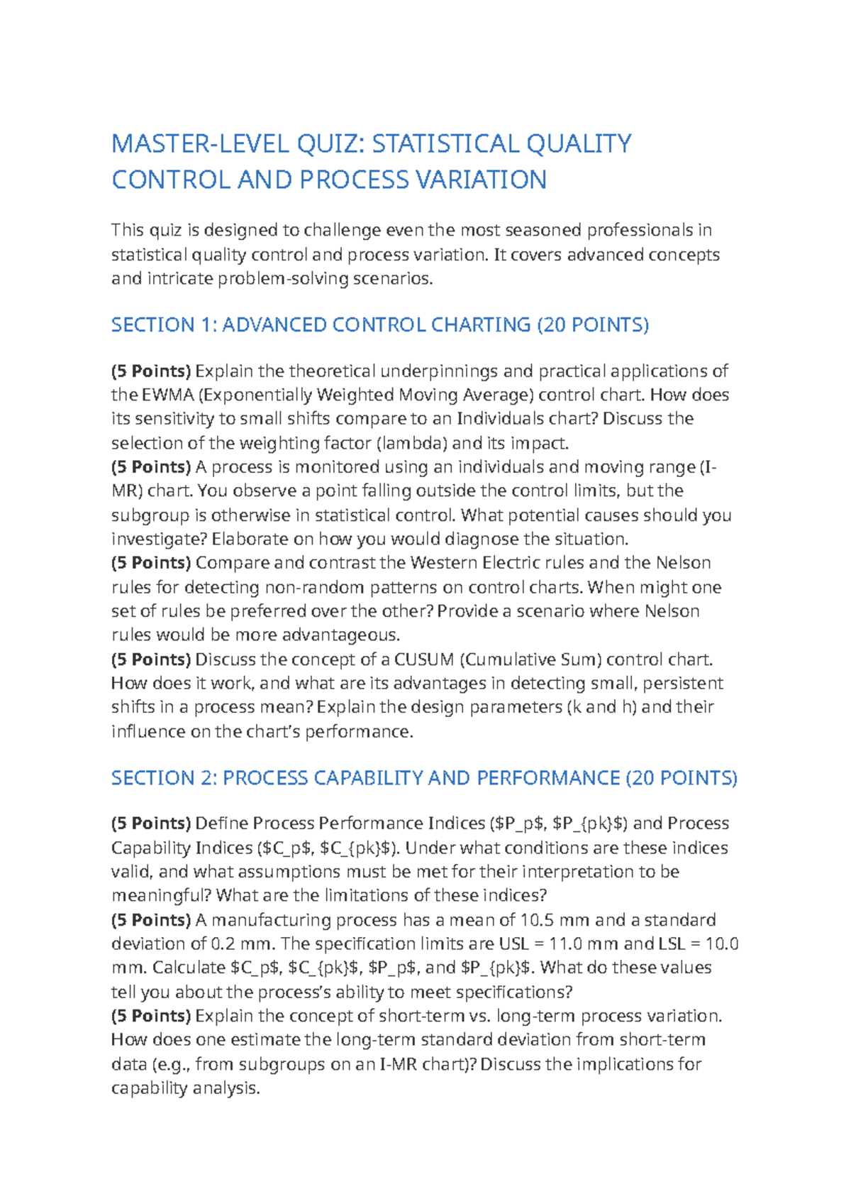 QUIZ: STATISTICAL QUALITY CONTROL (SQC) & PROCESS VARIATION - Studocu