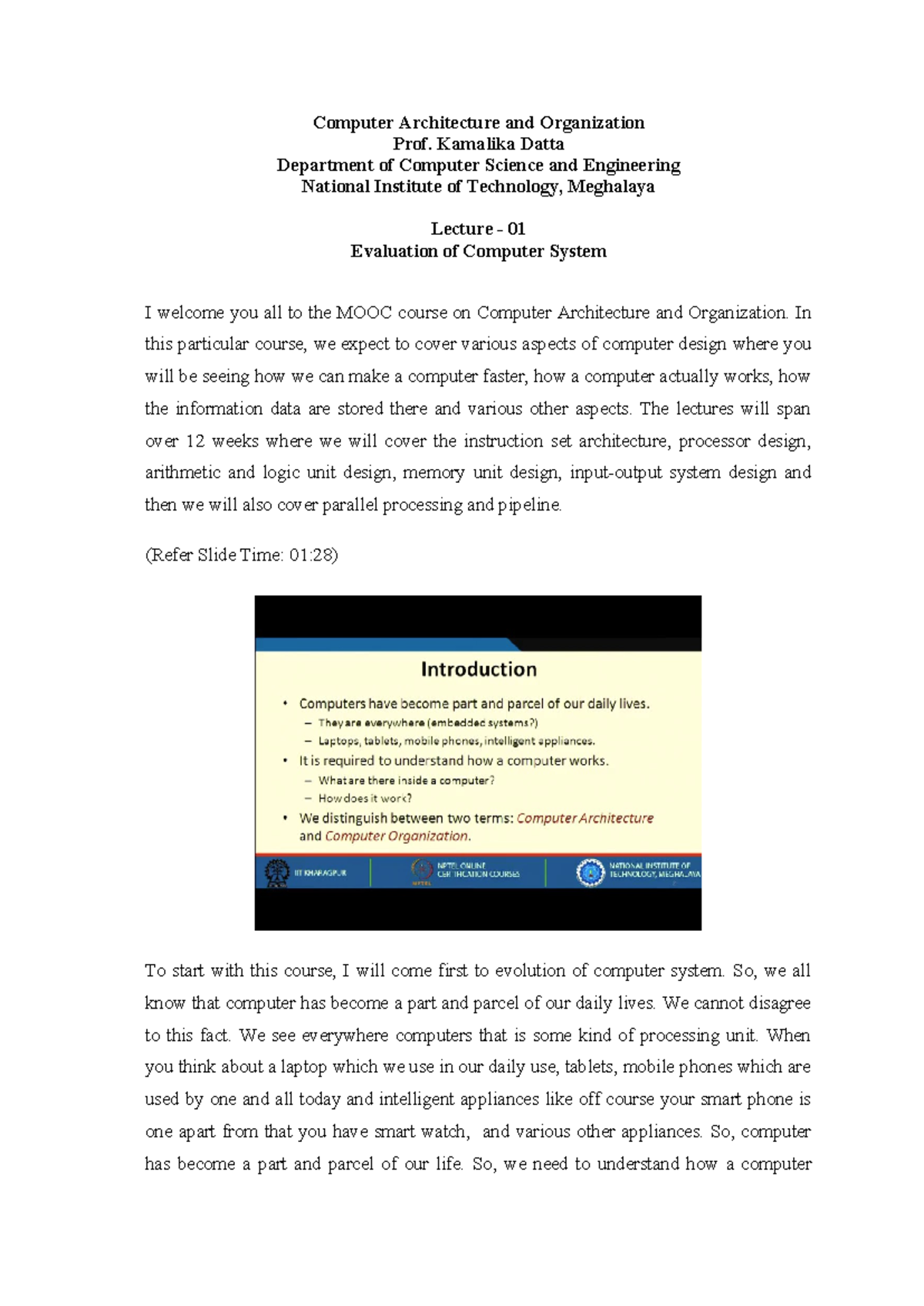 Lec1-01: Introduction to Computer Architecture & Organization - Studocu