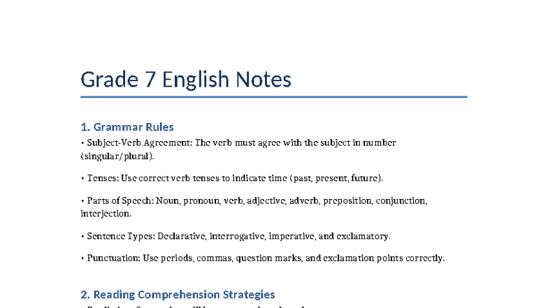 Grade 7 English Notes - Grade 7 English Notes 1. Grammar Rules ...