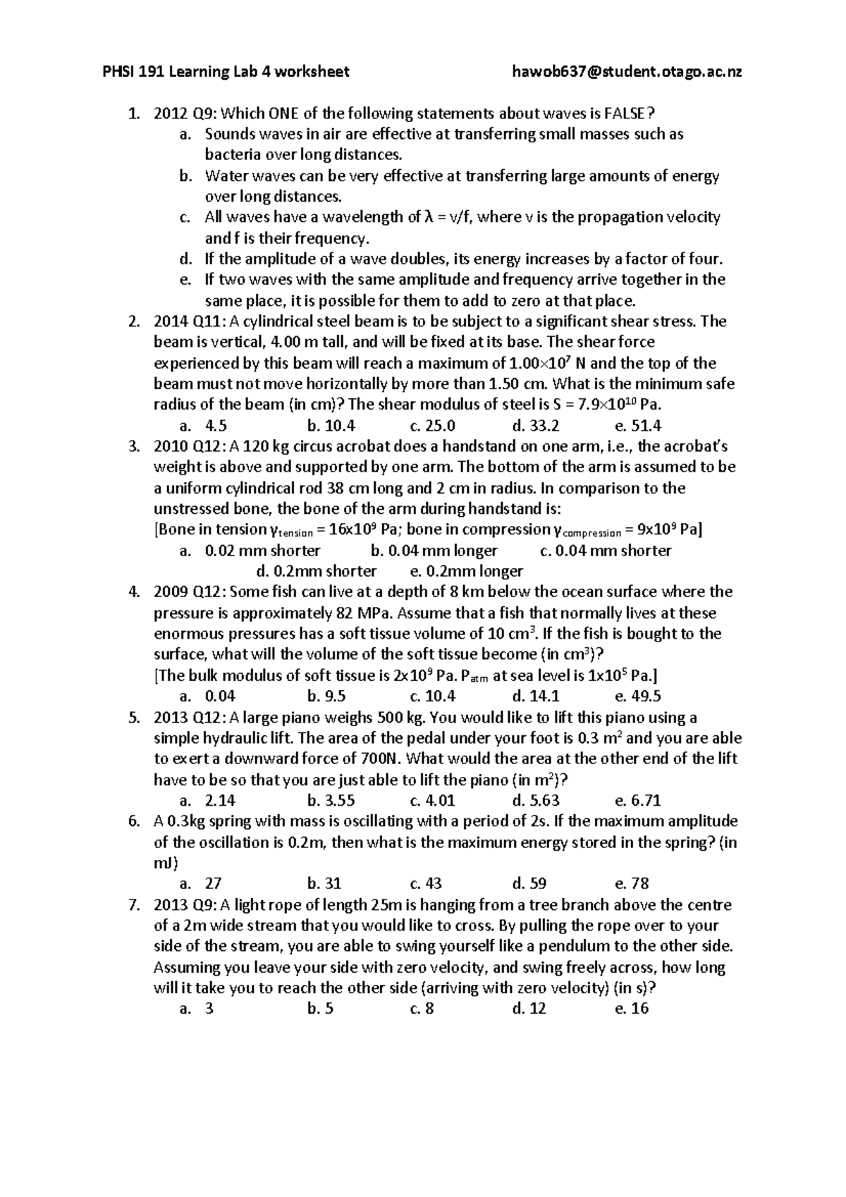 Worksheet LL4 - Combination of different physics questions - PHSI 191 ...