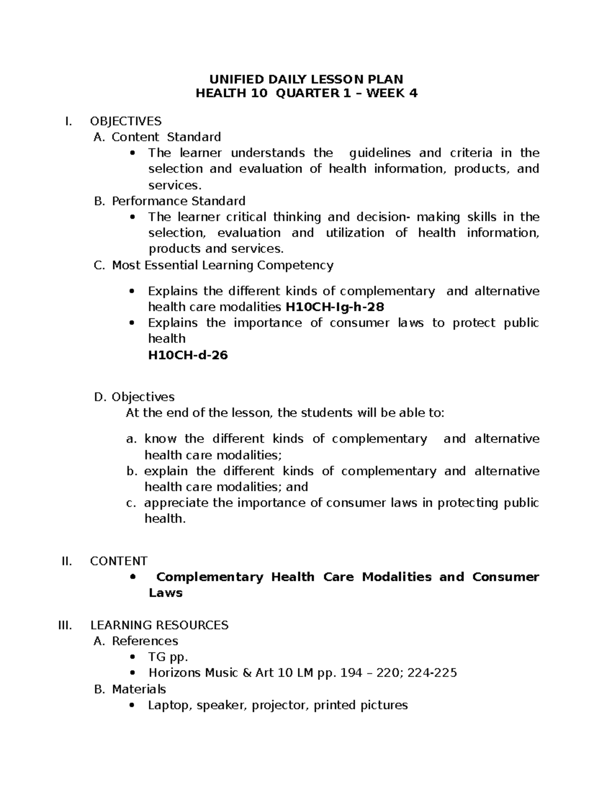 Health 10 Q1 Week 4 Lesson Plan: Alternative Medicine & Consumer Laws ...
