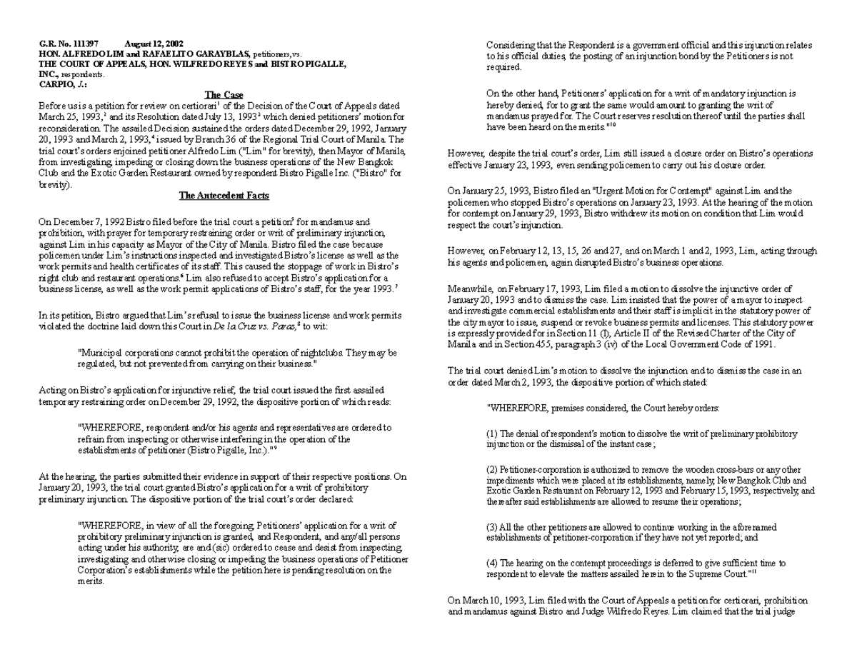LIM VS CA - case digest - G. No. 111397 August 12, 2002 HON. ALFREDO ...