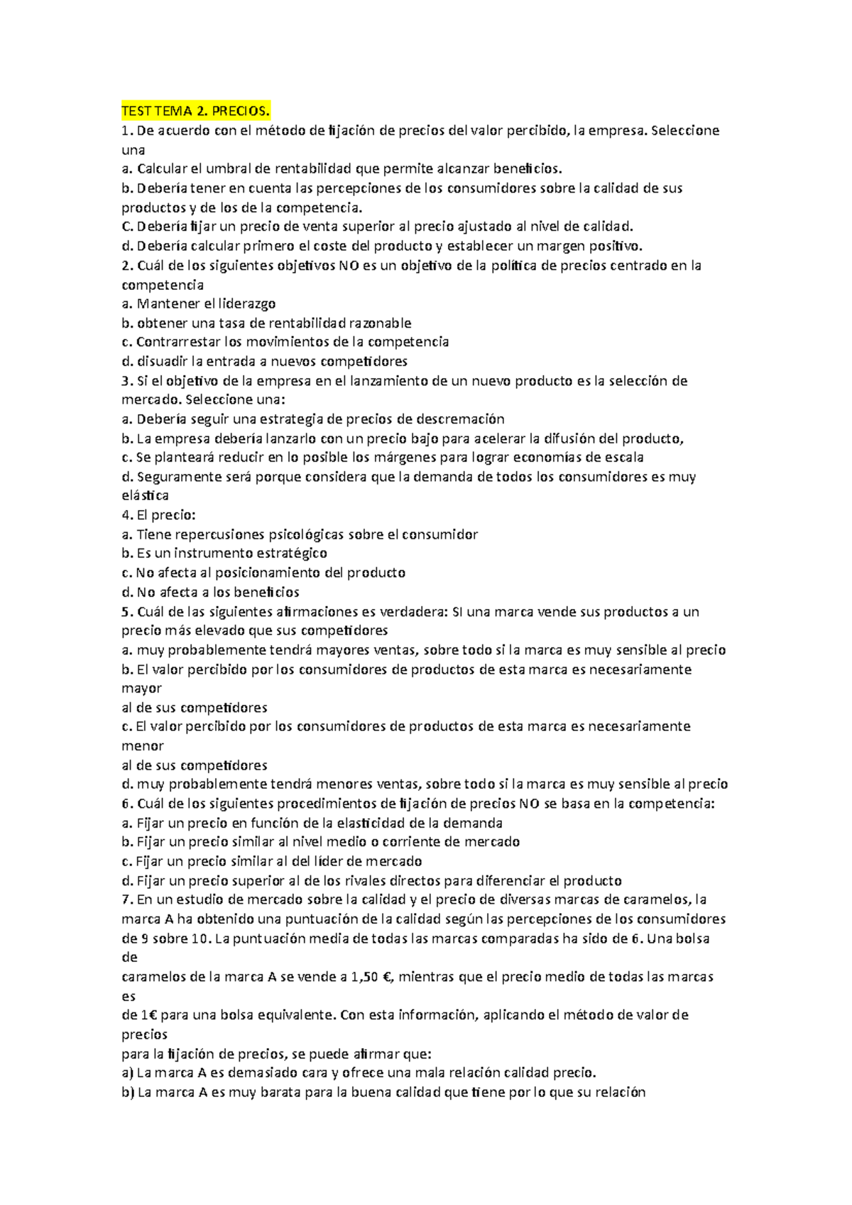 Test Tema 2-3: Estrategias de Fijación de Precios y Distribución - Studocu