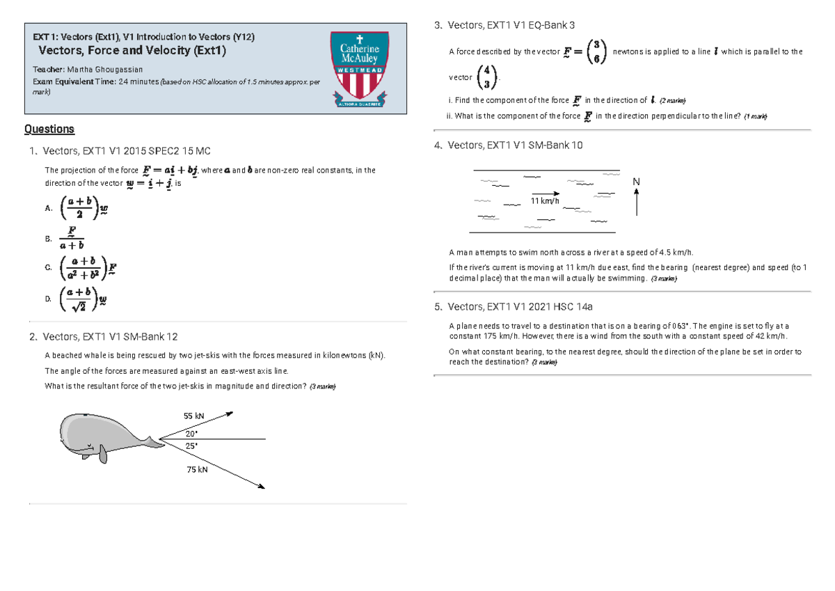 HSC EXT1 Vectors: Force and Velocity Exam Questions and Solutions - Studocu