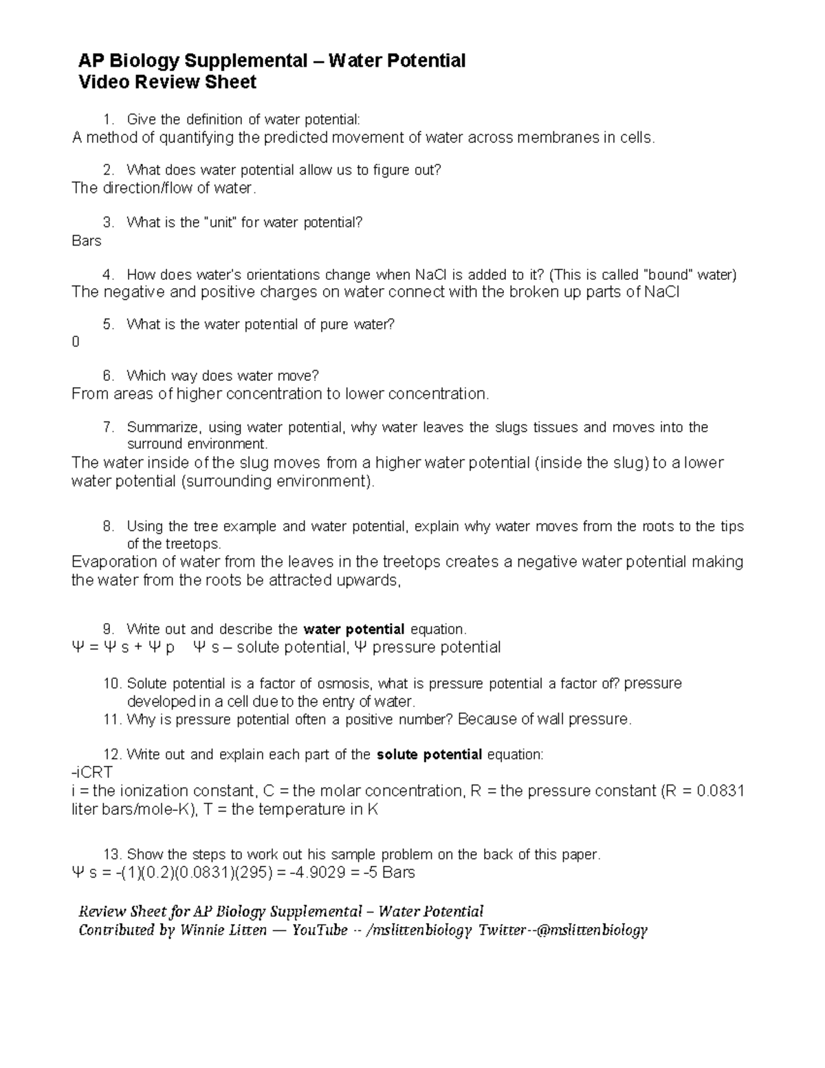 APBio Supplemental Water Potential Worksheet - Key Concepts and Review ...