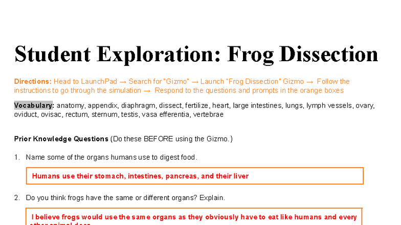 Frog Dissection Gizmo Exploration: Anatomy of Male & Female Frogs - Studocu