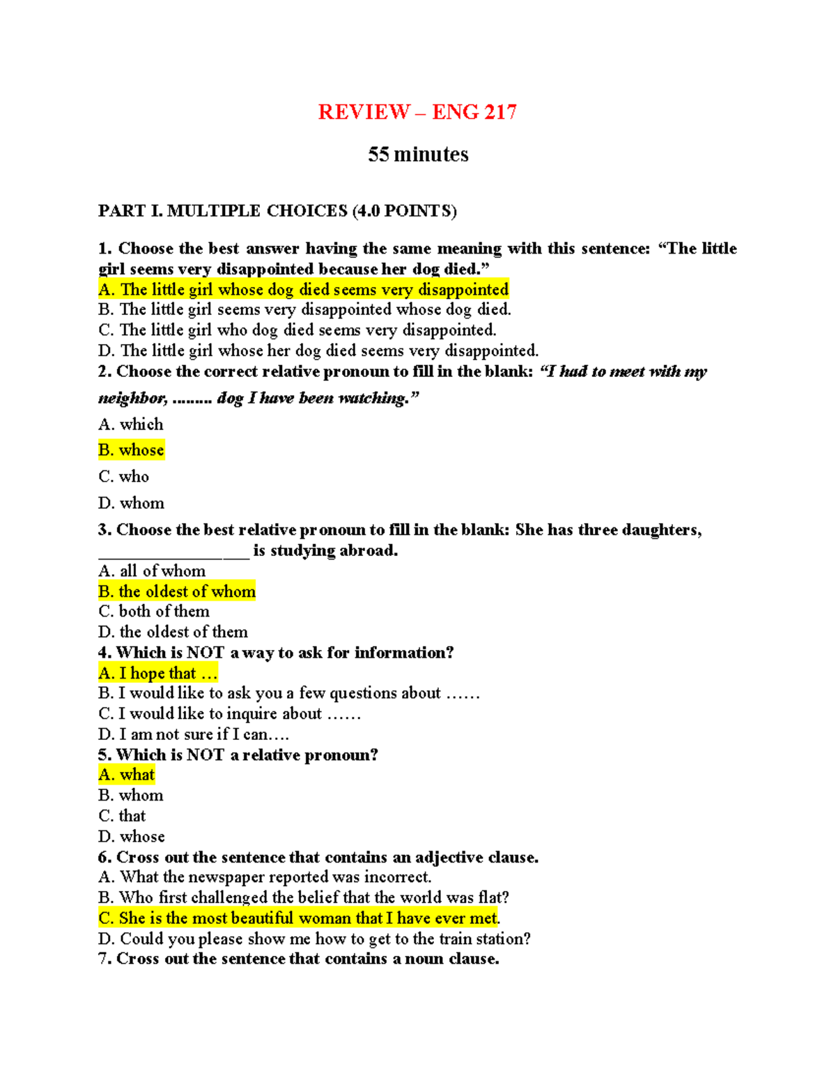 TEST Review ENG 217: Multiple Choice & Short Answer Practice - Studocu