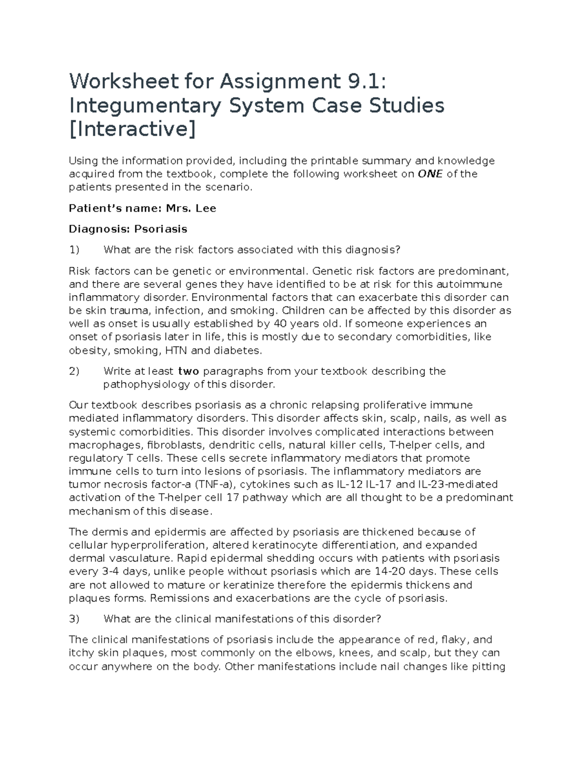 Psoriasis Case Study Worksheet: Assignment 9.1 - Studocu