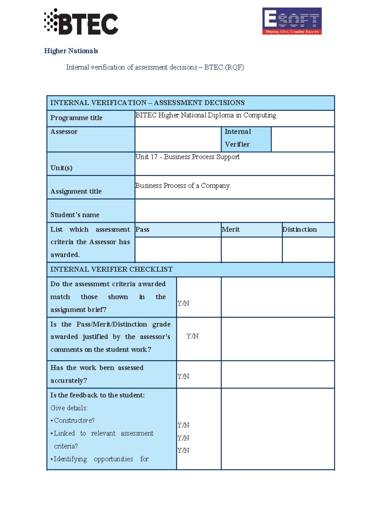 Unit 17 - Business Process Support: Assessment & Feedback Guidelines ...