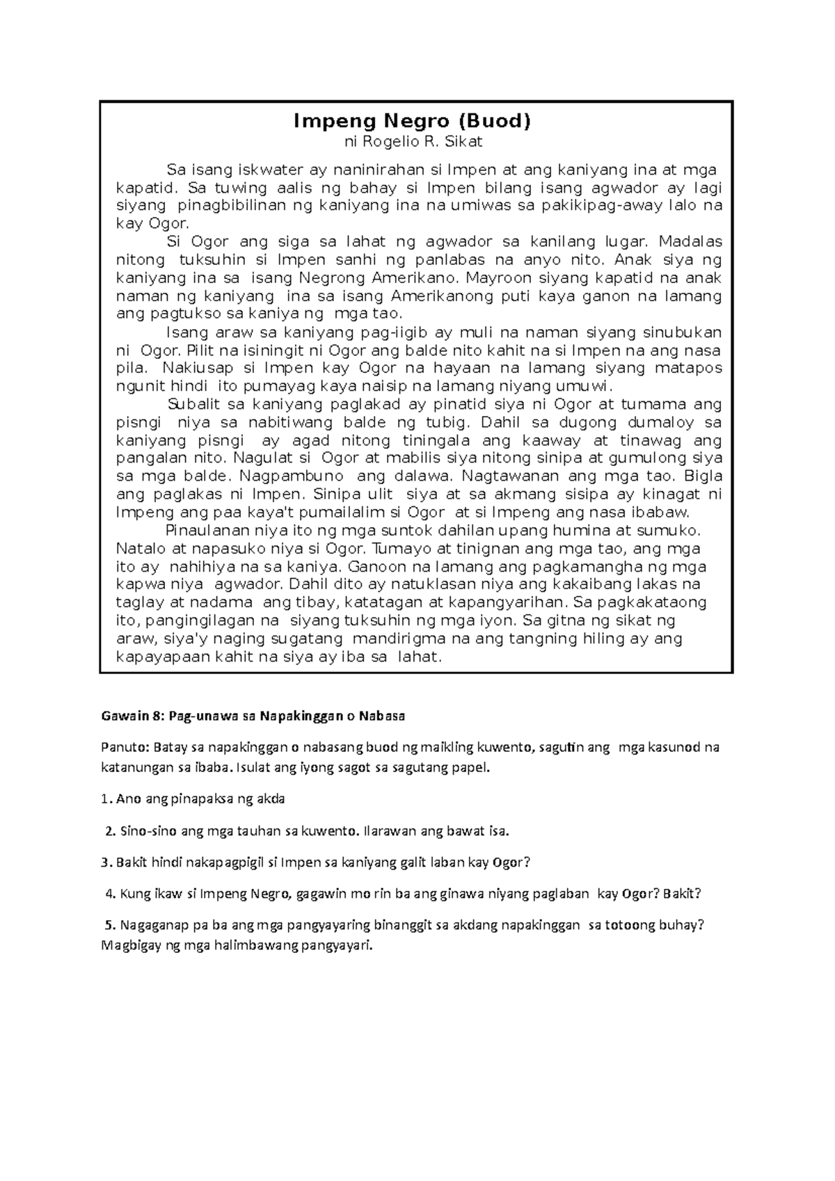Impeng-Negro - impeng Negro - Impeng Negro (Buod) ni Rogelio R. Sikat ...