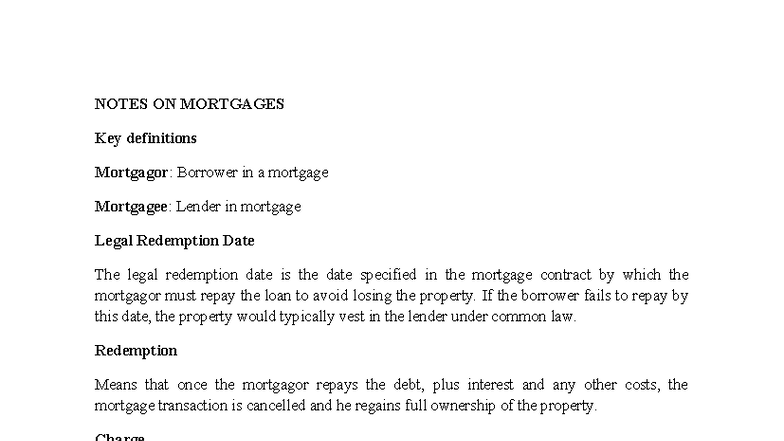 MORTGAGE NOTES: Key Concepts & Legal Definitions - Studocu