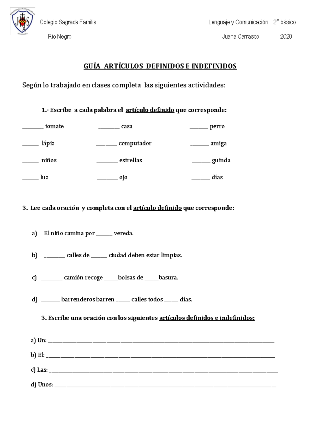 GUÍA Artículos Definidos e Indefinidos para 2° Básico - Lenguaje y ...