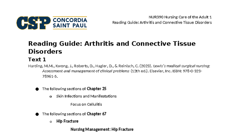 NUR390 Module 13 Reading Guide: Arthritis & Connective Tissue Disorders ...