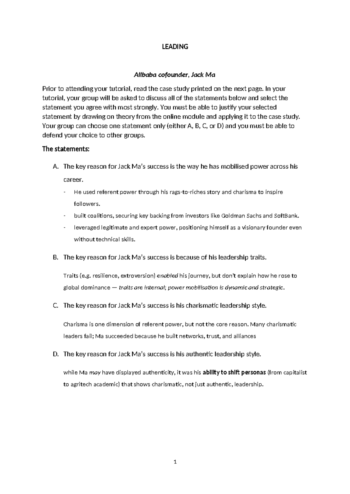 2025S2 Week 7 Tutorial 5 Case Study: Leading Jack Ma - Studocu
