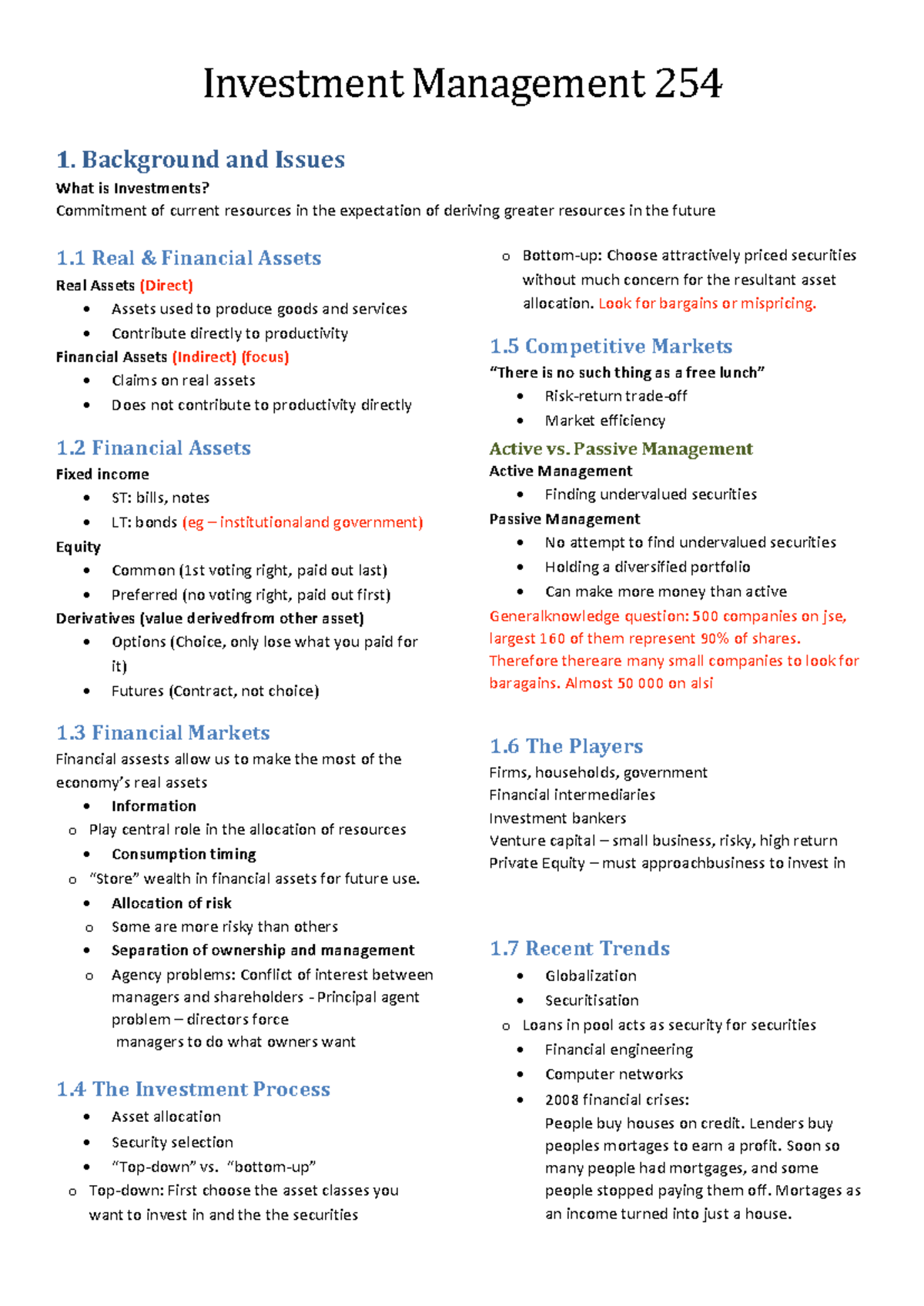 Investment Management 254: Comprehensive Study Guide on Key Concepts ...